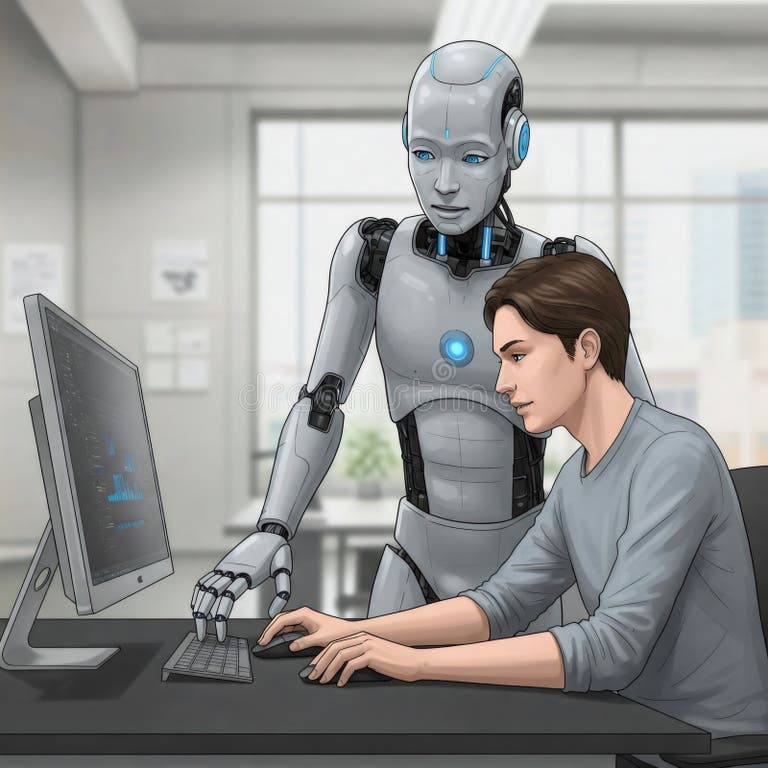 Humanoid Robot Assisting Programmer Working on Computer Code Stock Illustration - Illustration ...