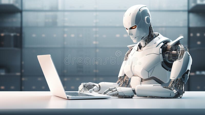Humanoid Robot Programmer with Computer. Generative AI Stock ...