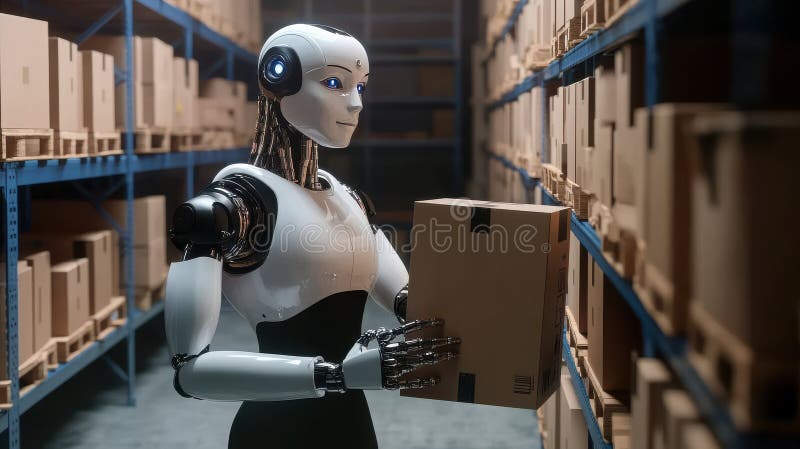 Humanoid Robot Programming On Computer In Modern Office Stock Image