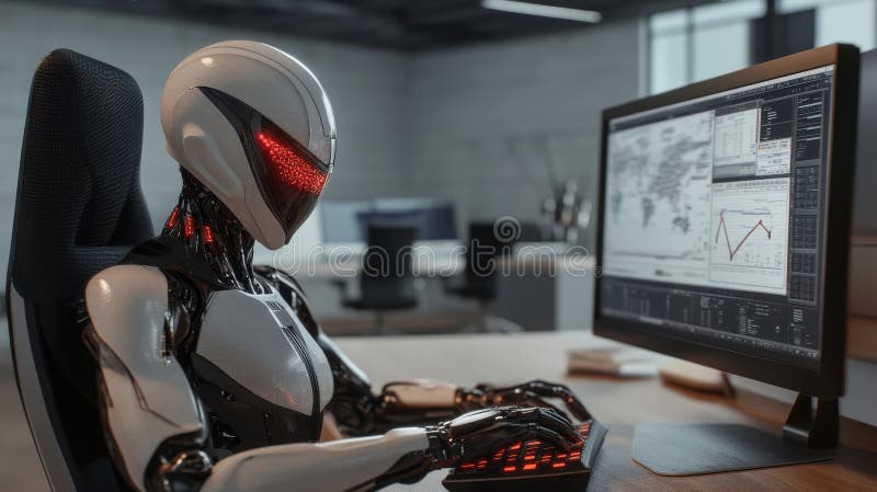 Humanoid Robot Programming on Computer in Modern Office Stock Illustration - Illustration of ...