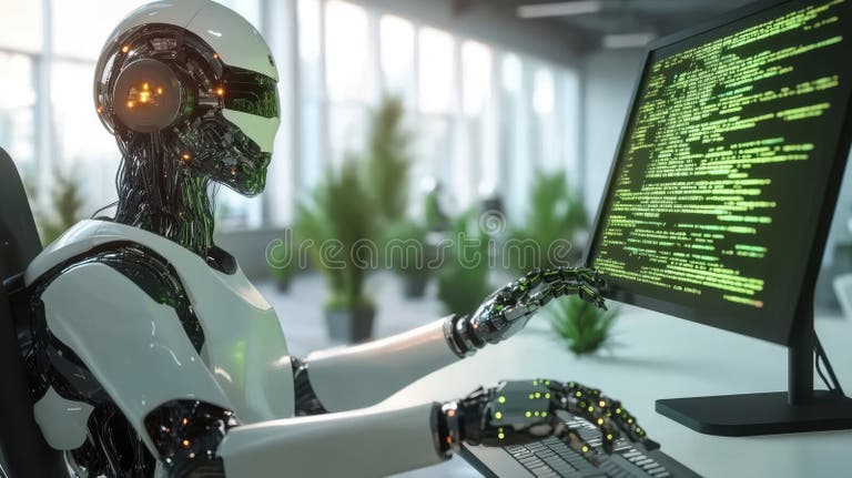 Humanoid Robot Programming on Computer in Modern Office Stock Photo ...