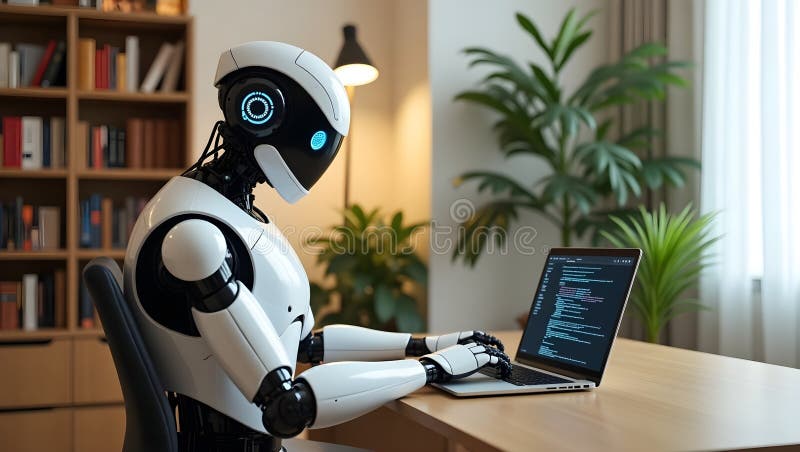 Humanoid Robot Programming Artificial Intelligence Working with Computer Code in Futuristic ...