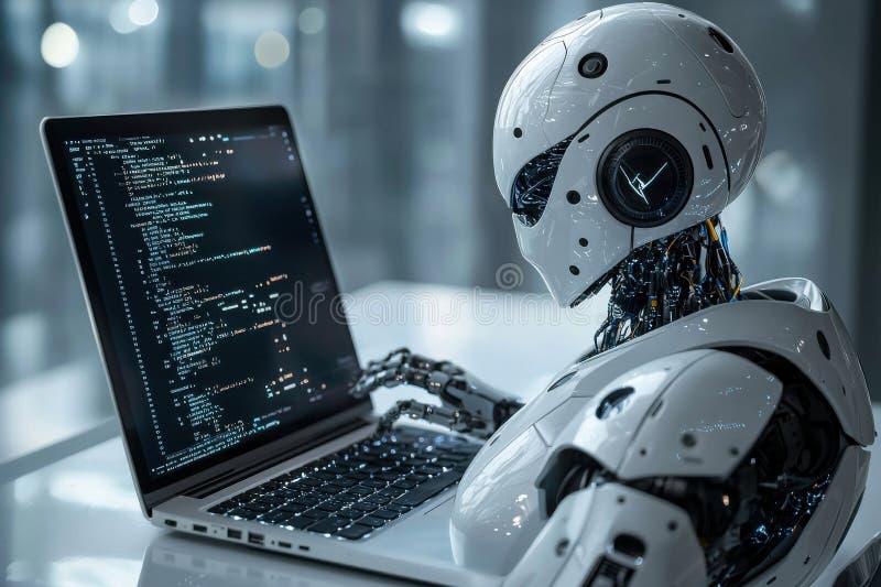 Humanoid Robot Programming on Laptop in Futuristic High-tech Environment Stock Image - Image of ...