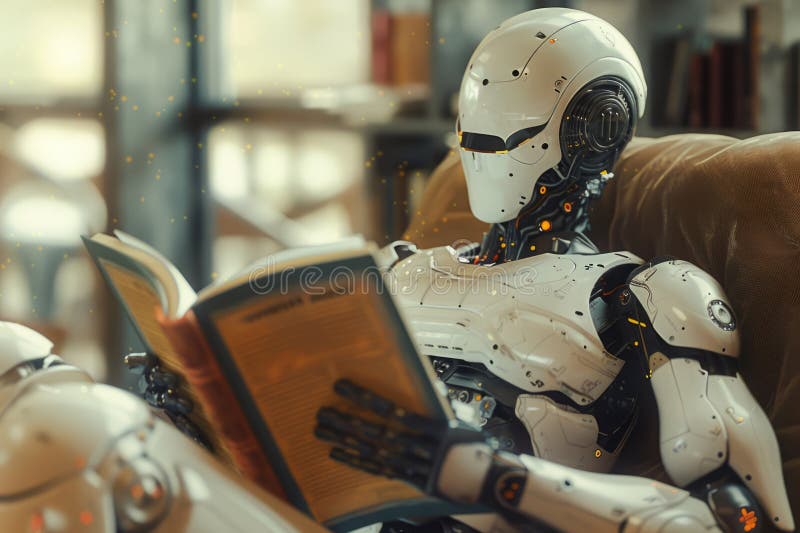 Humanoid Robot Reading a Book in Library Stock Photo - Image of ...