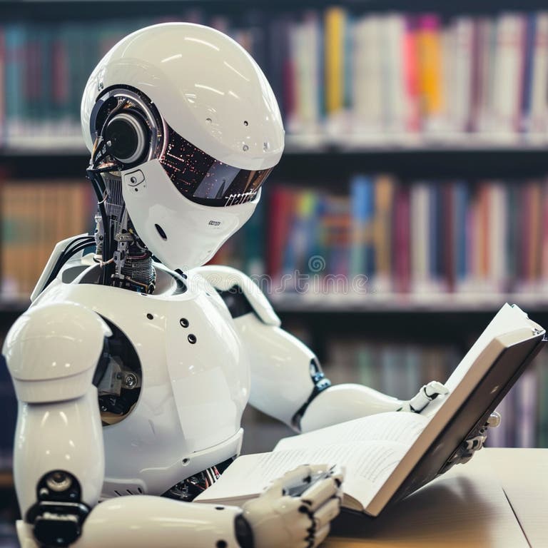A Humanoid Robot Reading a Book in a Library Setting. Stock Image ...