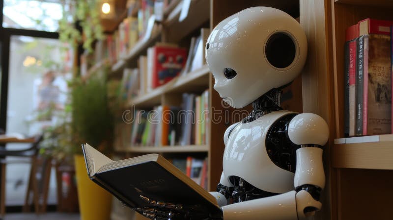Humanoid Robot Reading a Book in a Library Setting Stock Illustration ...
