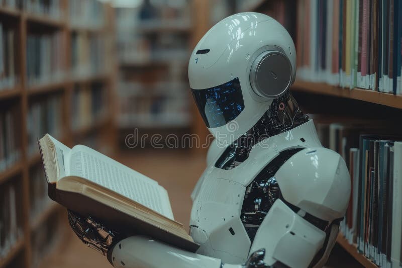 Humanoid Robot Reading Book in Library Setting, Illustrating the ...