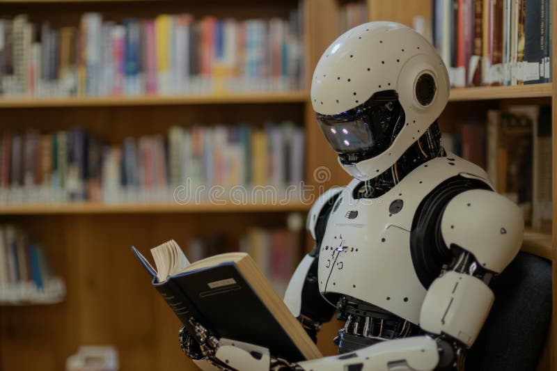 A Humanoid Robot Reading a Book in a Library, Showcasing Advanced AI ...