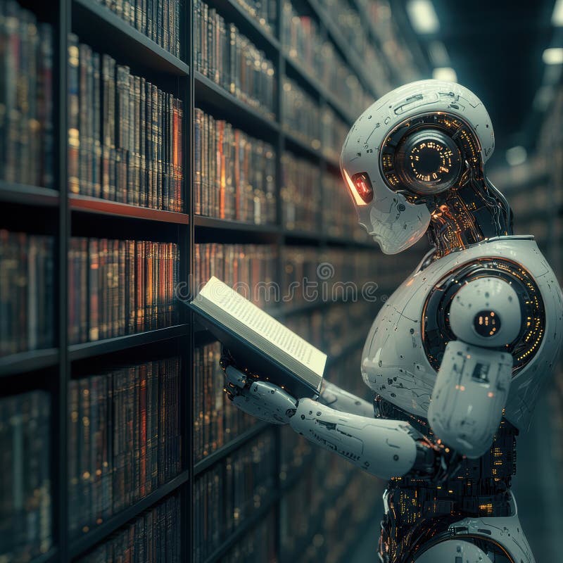 A Humanoid Robot Reads a Book in a Dimly Lit Library, Representing the ...