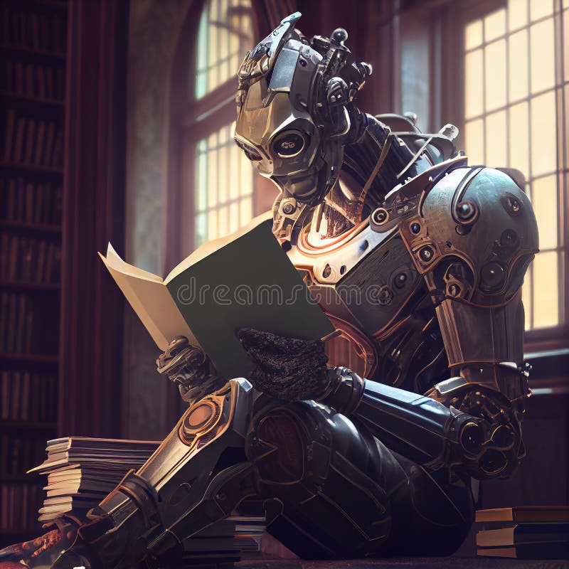 Humanoid Robot Reads a Book in the Library Stock Illustration ...