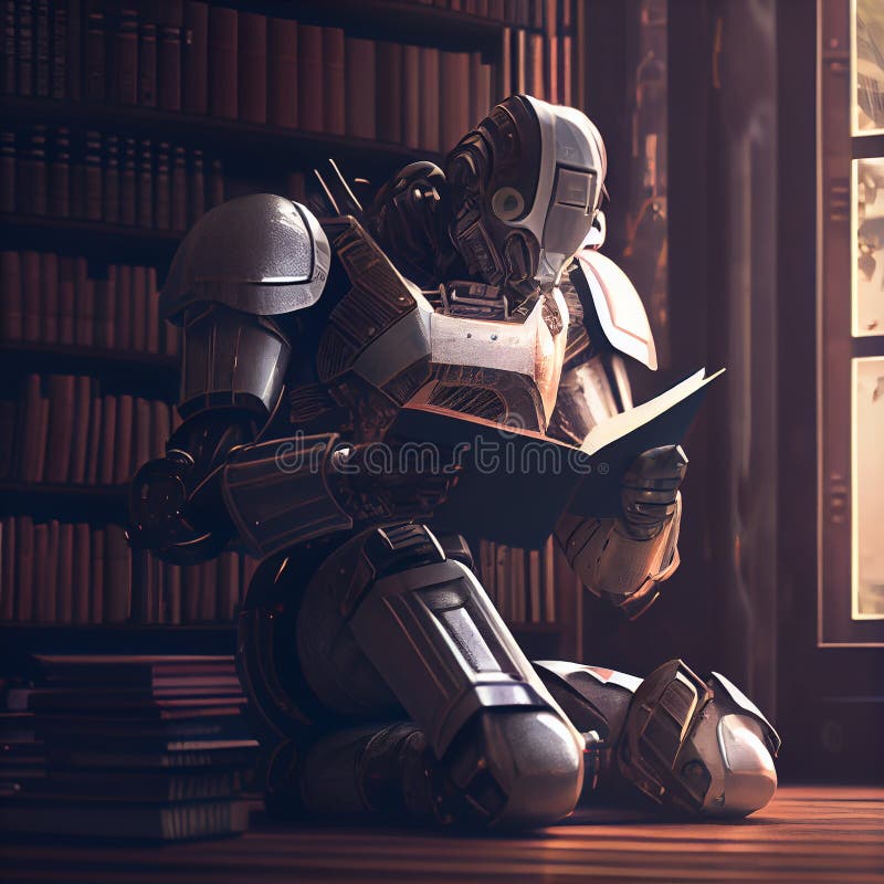 Humanoid Robot Reads a Book in the Library Stock Illustration ...