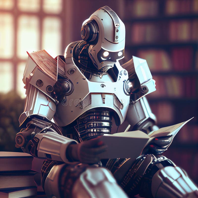 Humanoid Robot Reads a Book in the Library Stock Illustration ... Humanoid Robot Reads a Book in the Library Stock Illustration ...
