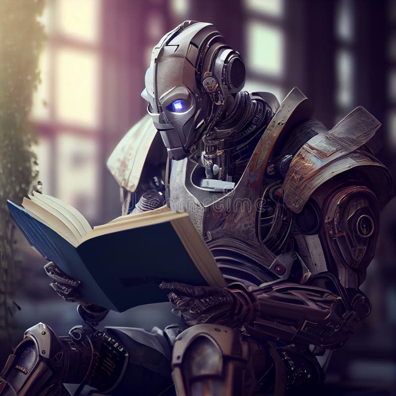 Humanoid Robot Reads a Book in the Library Stock Illustration ...