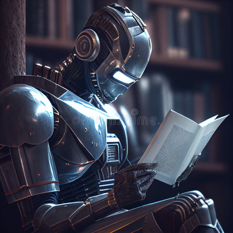 Humanoid Robot Reads a Book in the Library Stock Illustration ...