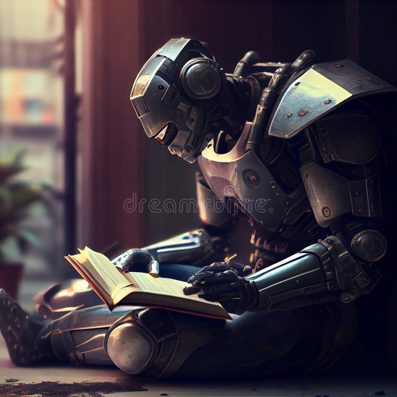 Humanoid Robot Reads a Book in the Library Stock Illustration ...
