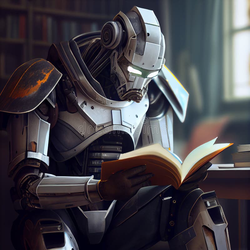 Humanoid Robot Reads a Book in the Library Stock Illustration ...