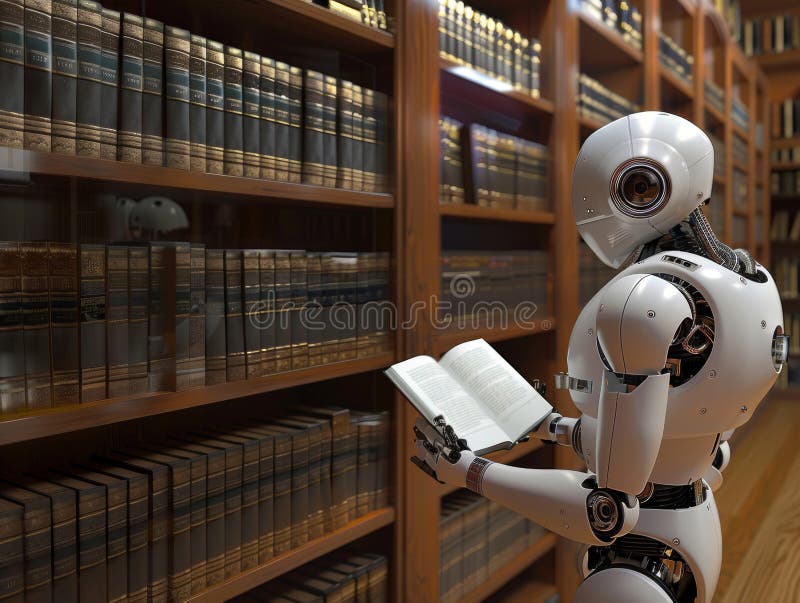 A Humanoid Robot Reads a Book in a Traditional Library, Symbolizing the ...