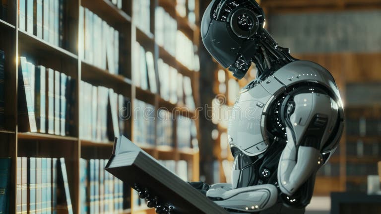 A Humanoid Robot Reads a Book in a Traditional Library, Symbolizing the ...