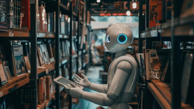 A Humanoid Robot Reads a Book in a Traditional Library, Symbolizing the ...
