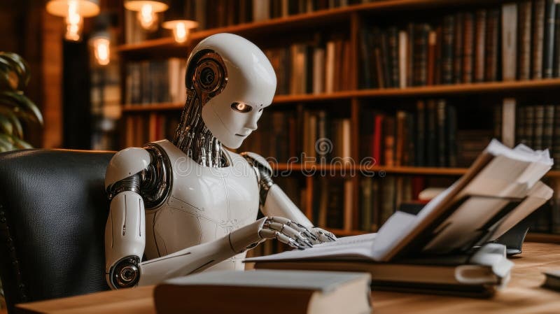 Humanoid Robot Reads Books in a Cozy Library Setting Stock Illustration ...