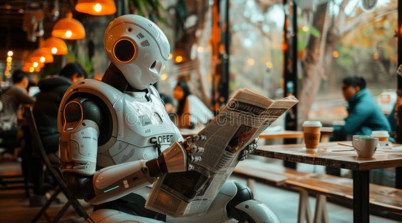 Humanoid Robot Reads Newspaper in Cafe during Daytime Stock ...