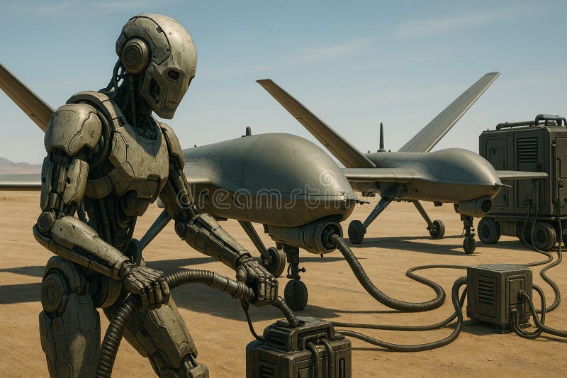 Humanoid Robot Refueling Drones on a Desert Airstrip, only Tech Elements. Generative AI. Stock ...