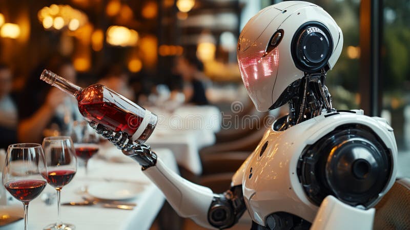 A Humanoid Robot in a Restaurant Serving a Bottle of Wine To a Table of ...