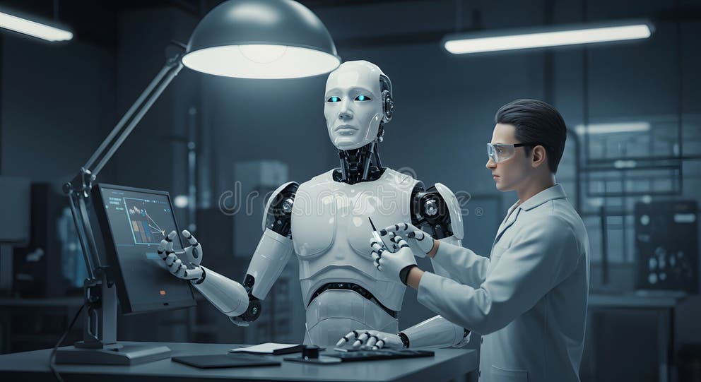 Humanoid Robot and Scientist Collaborating on Computer Screen Stock ...