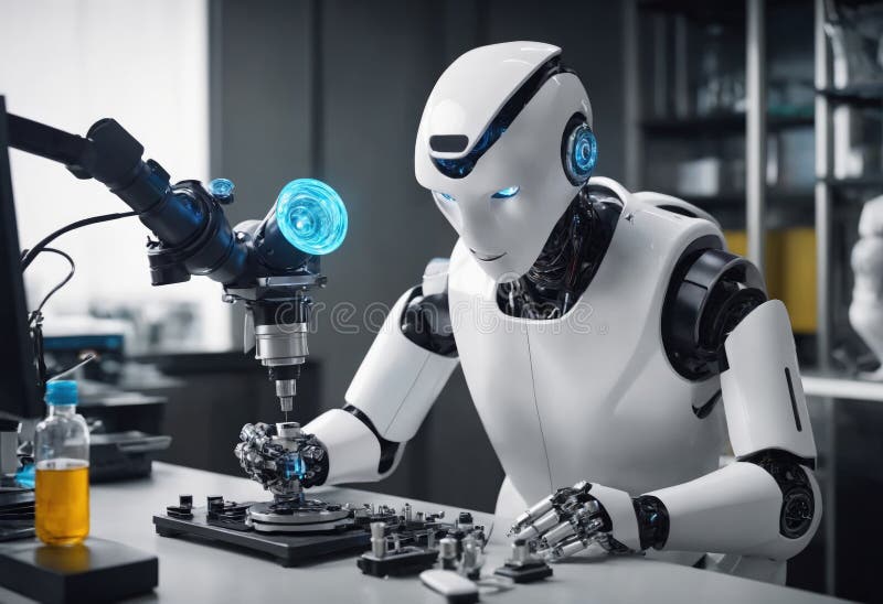 Humanoid Robot Scientist Examines Scientific Sample Under Microscope in ...