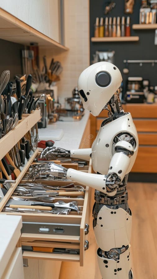Humanoid Robot Searching Cutlery in Kitchen Drawer Stock Image - Image ...