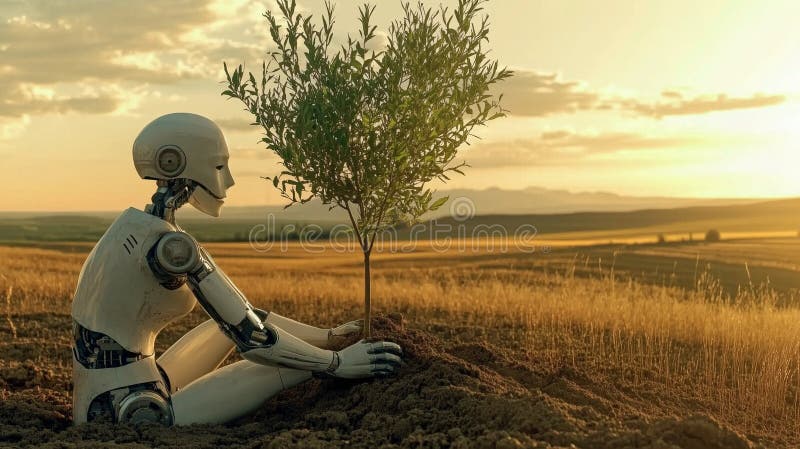 A Humanoid Robot is Seated in a Field during Sunset, Holding a Young ...