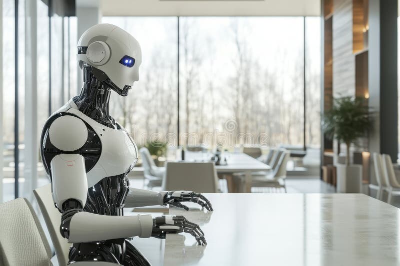A Humanoid Robot Seated at a Modern Table in a Sleek, Minimalist ...
