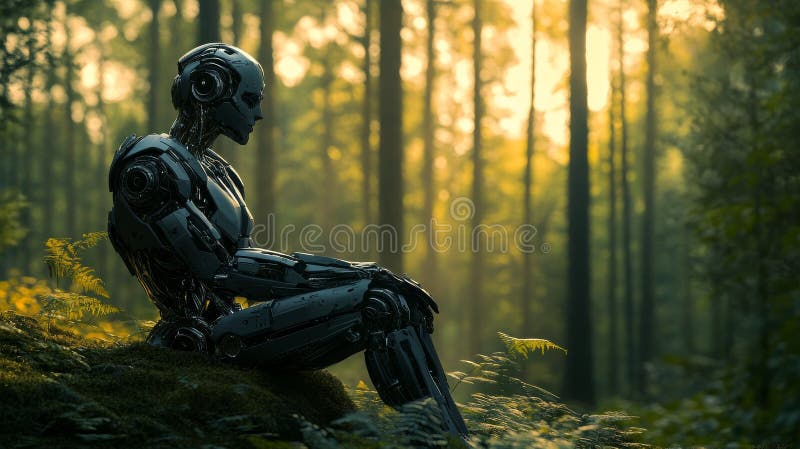 Humanoid Robot Seated in a Tranquil Forest at Dawn Stock Image - Image ...