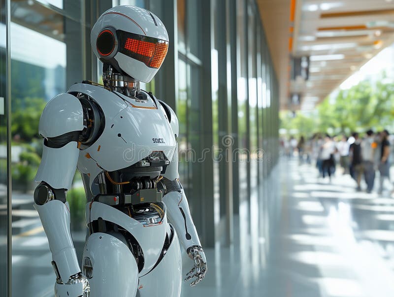 Humanoid Robot in Security Uniform Stands Confidently in Modern ...