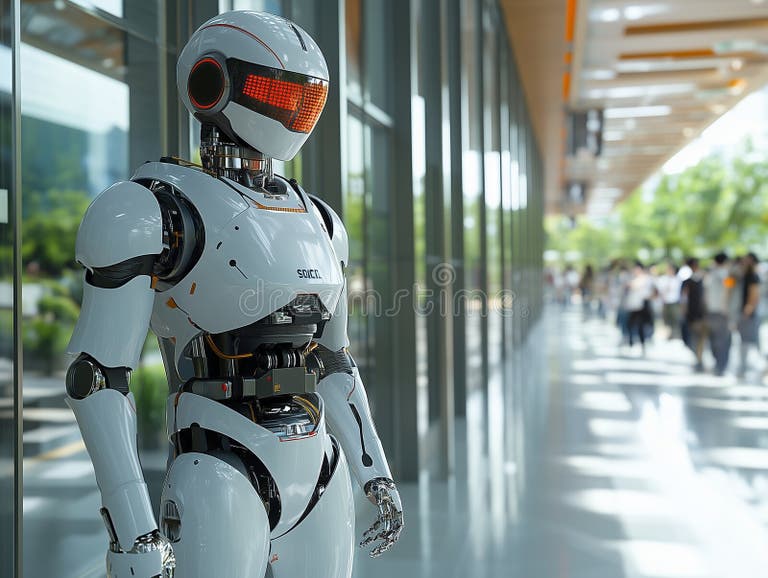 Humanoid Robot in Security Uniform Stands Confidently in Modern ...