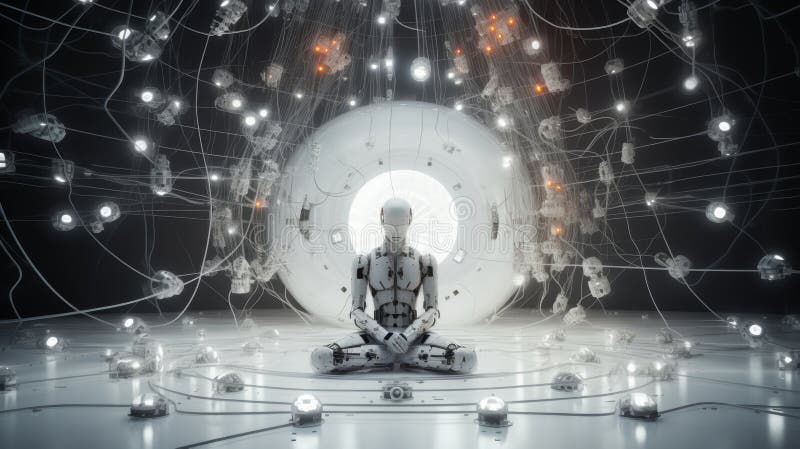 Futuristic Meditation with Humanoid Robot in a High-Tech Environment ...