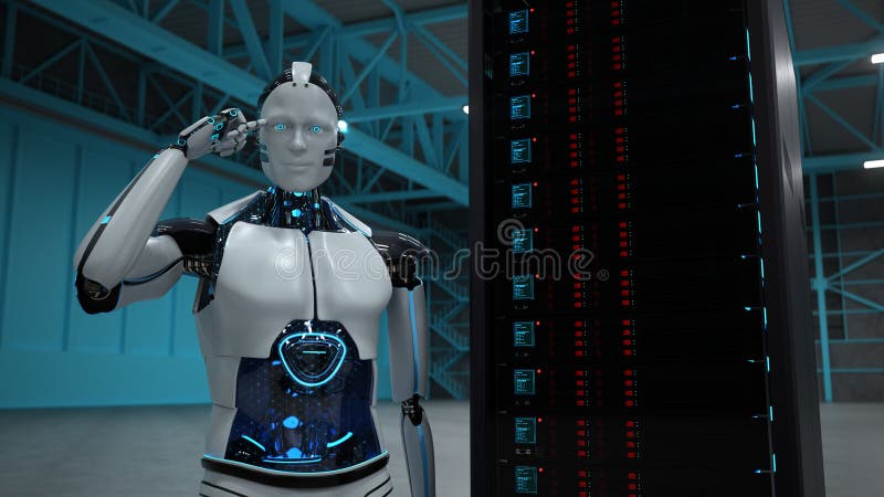Humanoid Robot Server Hall stock illustration. Illustration of learning ...
