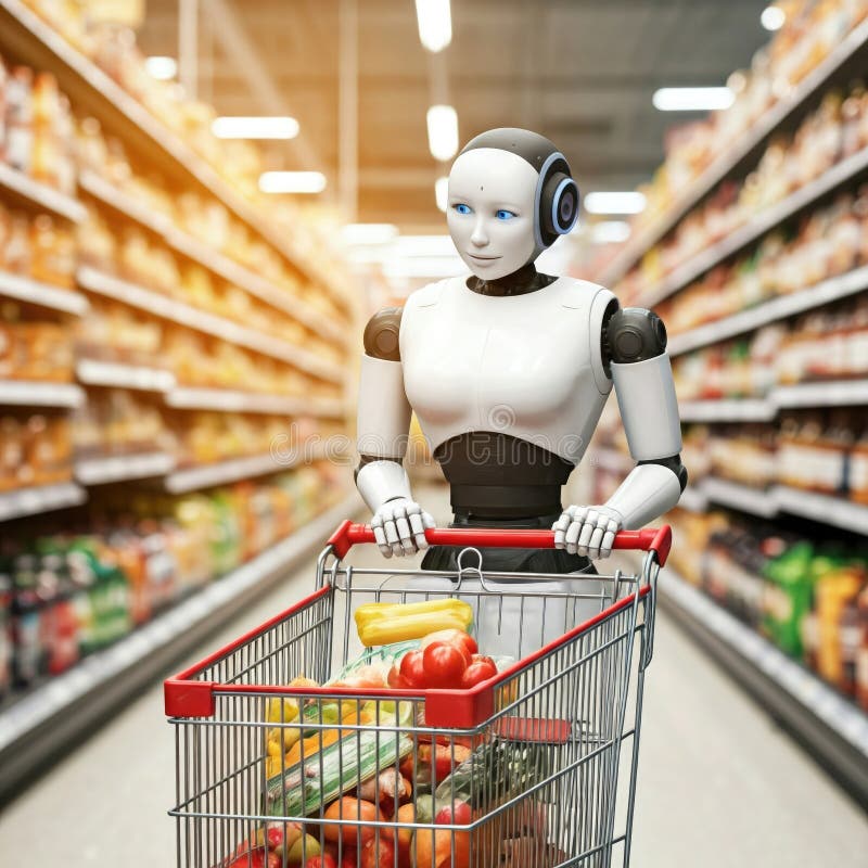 A Humanoid Robot with a Shopping Trolley is Shopping Stock Illustration ...