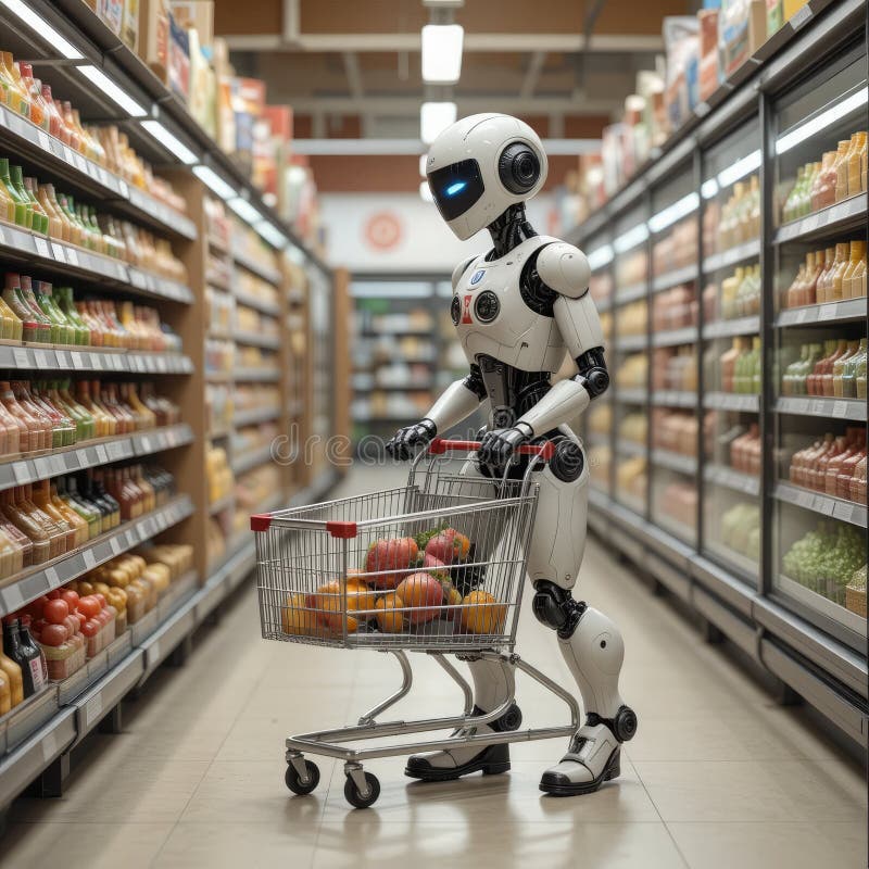 A Humanoid Robot with a Shopping Trolley is Shopping Stock Illustration ...