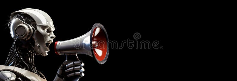 Humanoid Robot Shouting into a Megaphone on a Black Background with ...