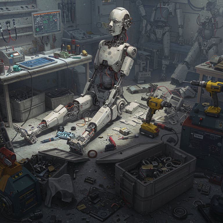 A Humanoid Robot Sits on a Cluttered Workshop Floor Surrounded by Tools ...