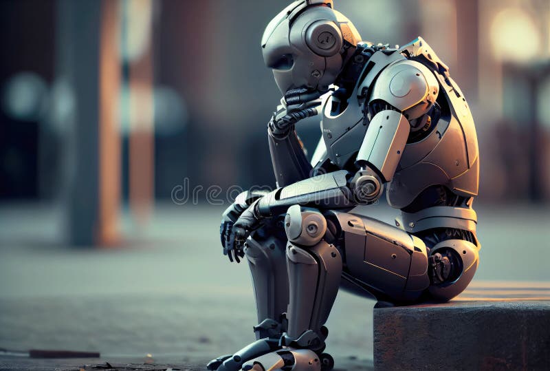 A Humanoid Robot Sits Contemplating on the Side of a City Street ...