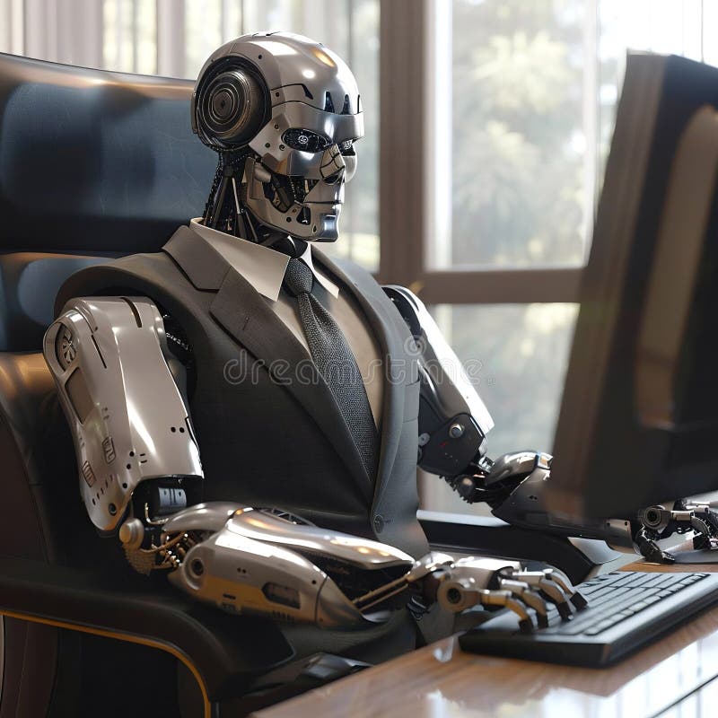 A Humanoid Robot Sits at a Desk in a Corporate Office, Using a Computer ...