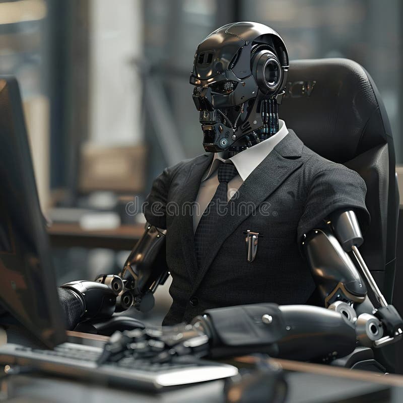 A Humanoid Robot Sits at a Desk, Its Mechanical Features Visible As it ...