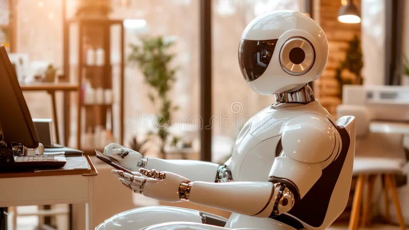 A Humanoid Robot Sits at a Desk in a Modern Office. the Robot Has a ...