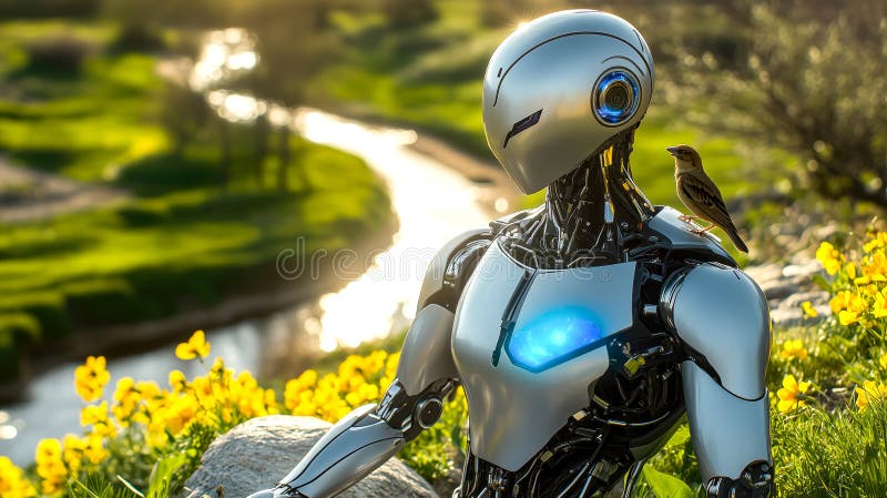 A Humanoid Robot Sits in a Lush Field, a Small Bird Resting on Its ...