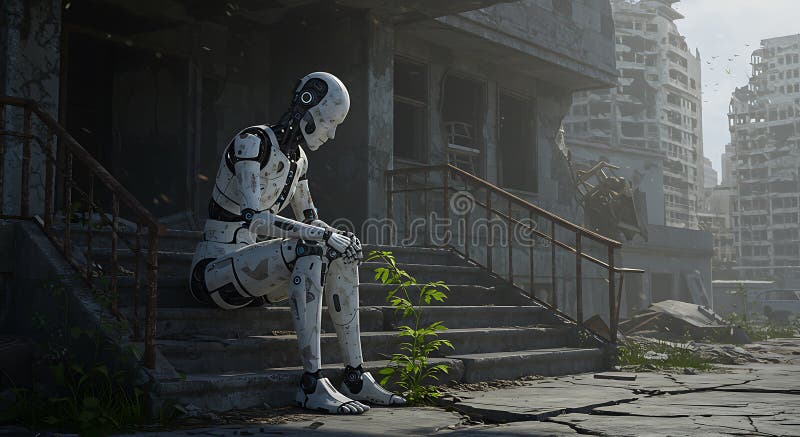 A Humanoid Robot Sits on the Steps of a Dilapidated Building in a Post ...