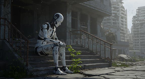 A Humanoid Robot Sits on the Steps of a Dilapidated Building in a Post ...