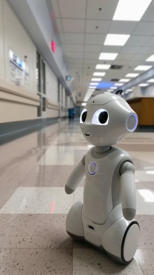 Humanoid Robot Sitting in a Corridor Stock Image - Image of humanoid ...