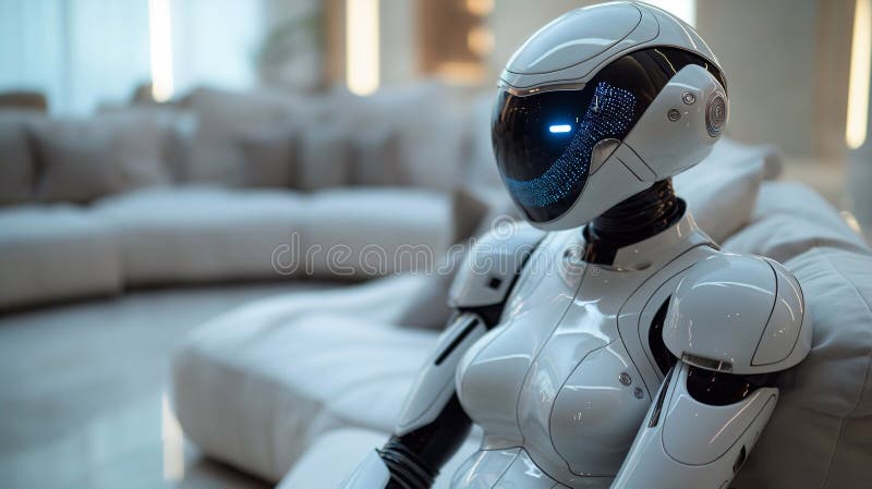 A Humanoid Robot Sitting on the Couch in a Home Interior. AI Technology ...